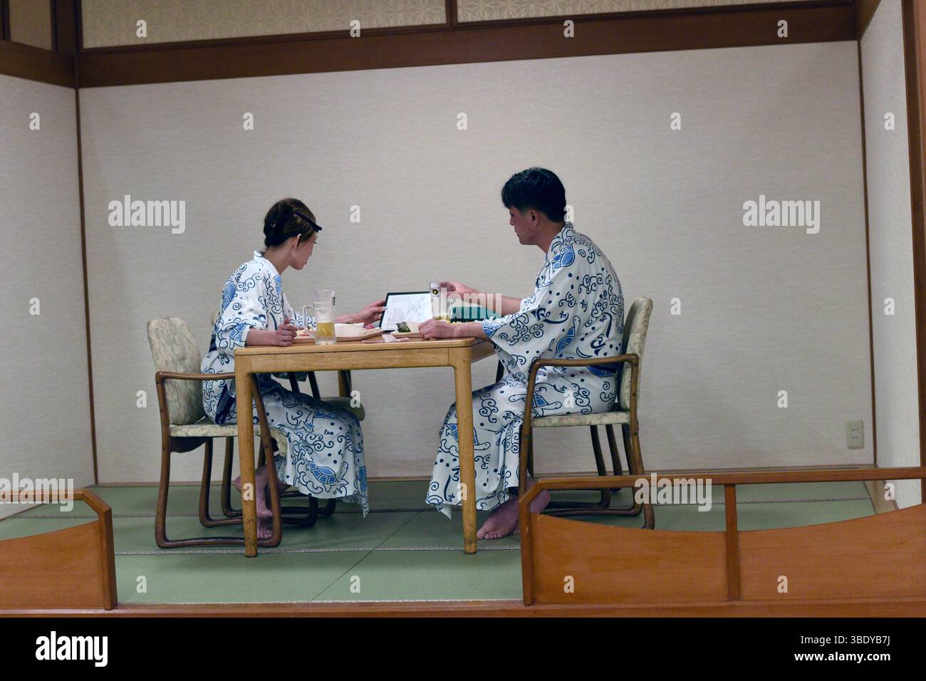 Japanese couple wearing yukata at a traditional hotel,Urashima Resort ...