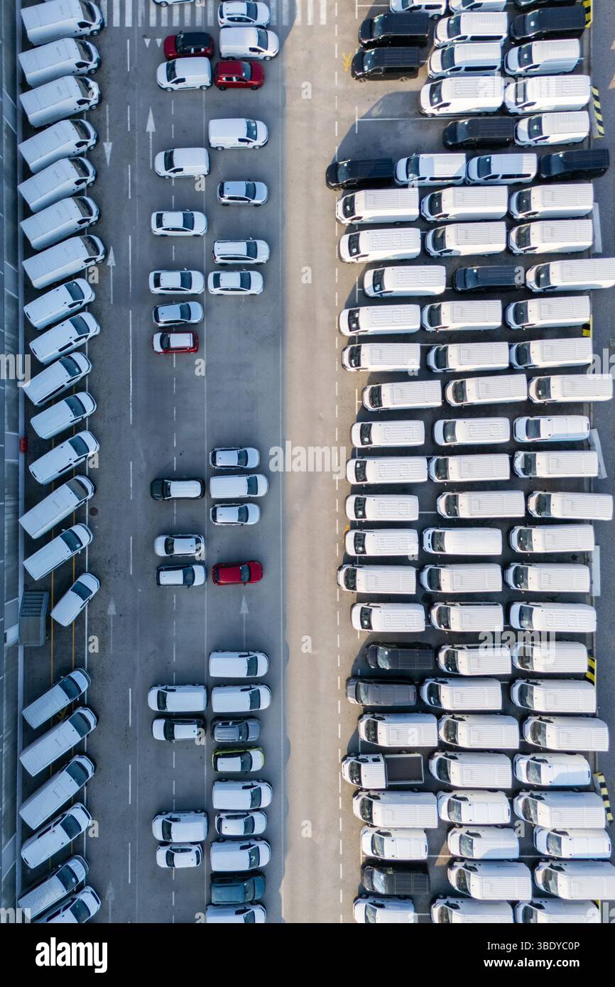 Aerial view of a new delivery vans parking lot at a logistics hub Stock ...