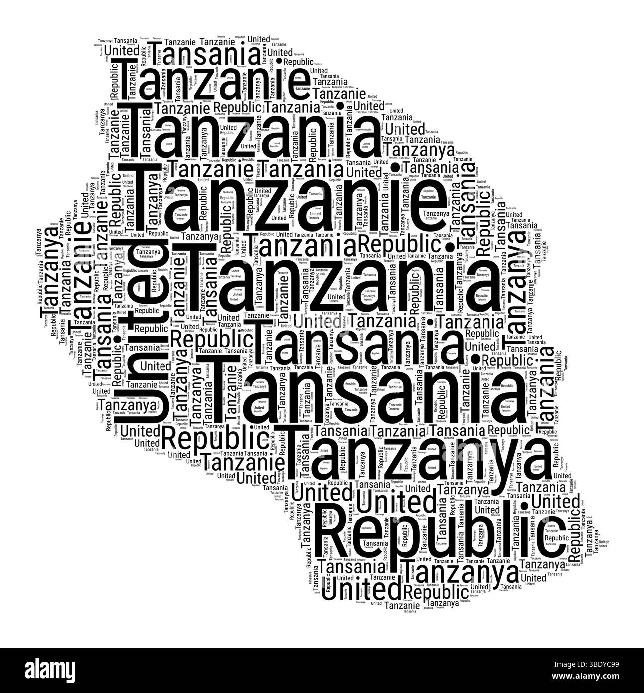 Black and white word cloud in the shape of Tanzania. Simple typography ...