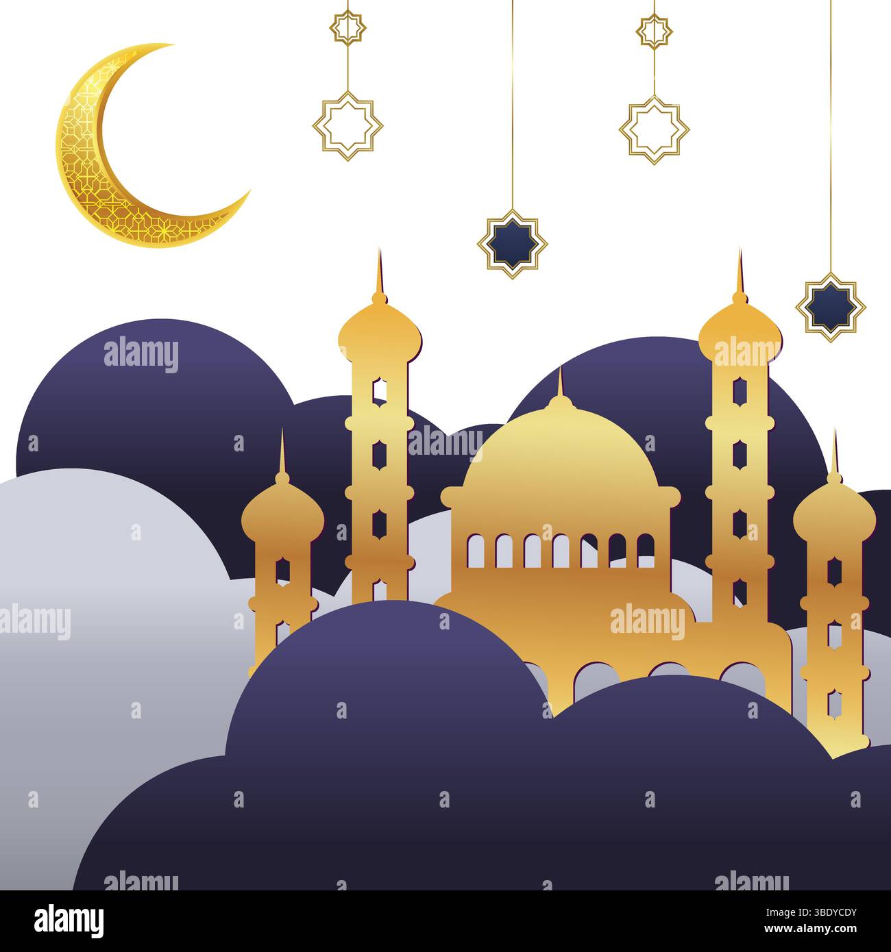 laylat al qadr night with crescent moon stars and mosque illustration ...