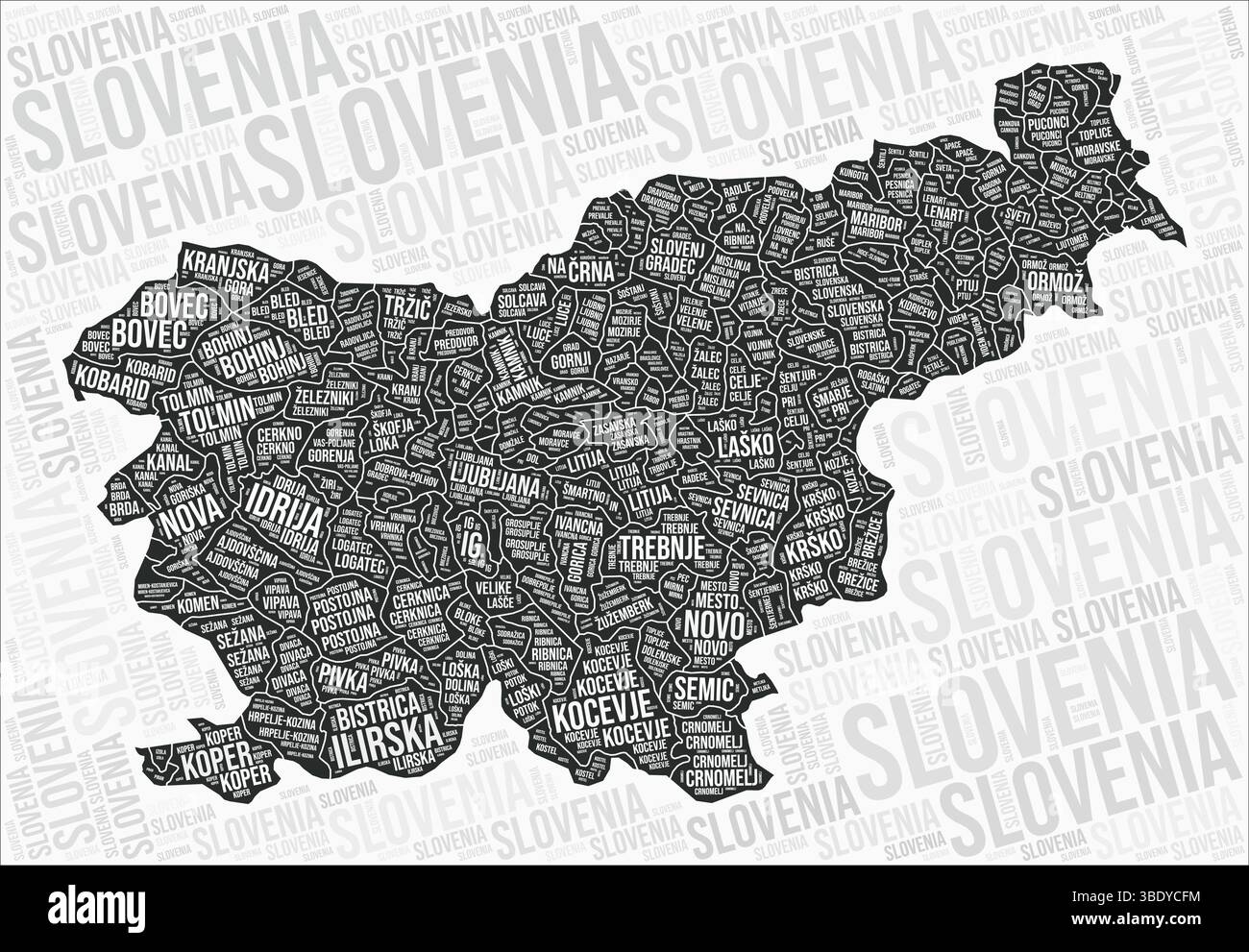 Slovenia regions map word cloud. Slovenia region names. Black and white map design. Beautiful ...