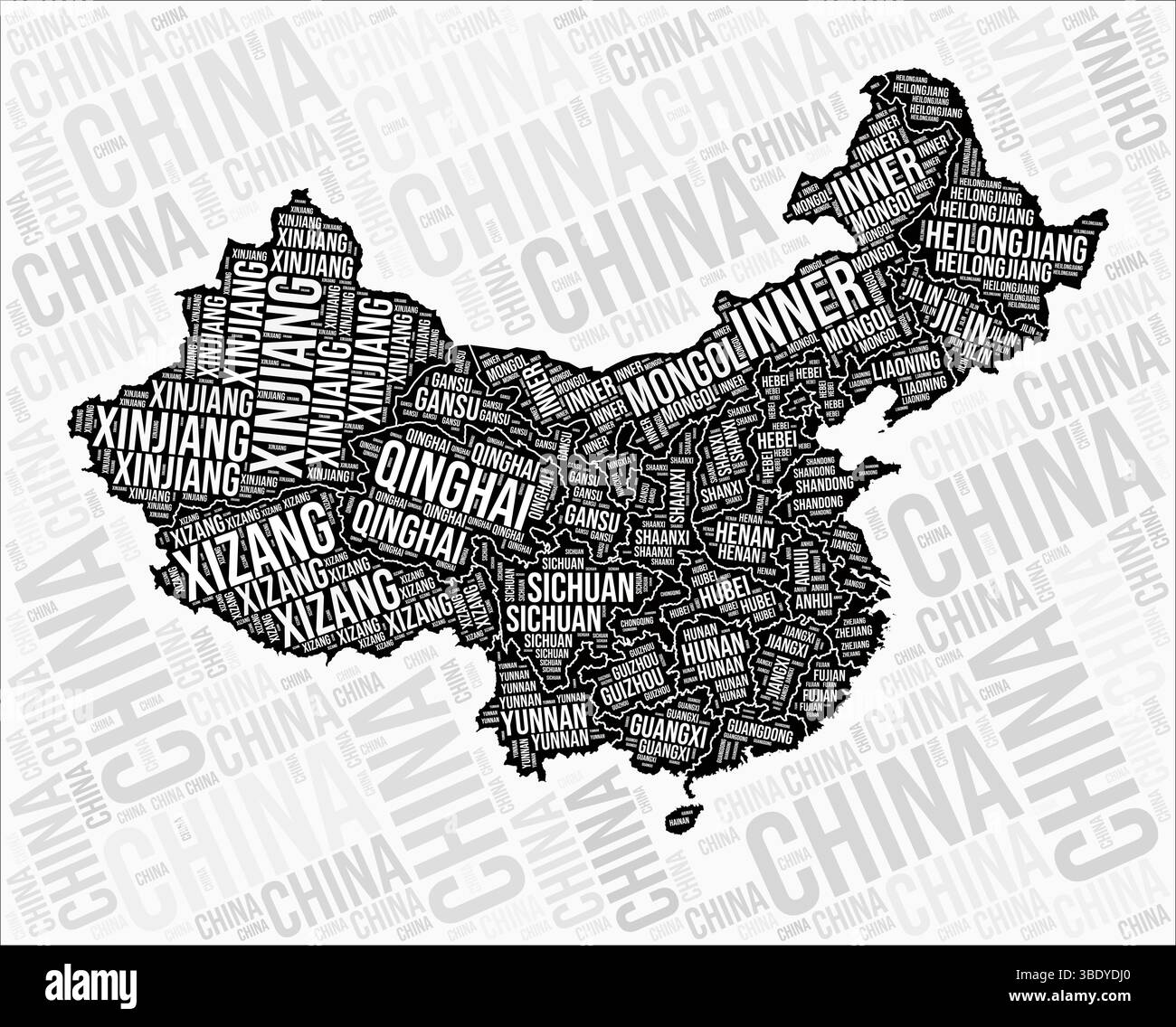 China regions map word cloud. China region names. Black and white map ...