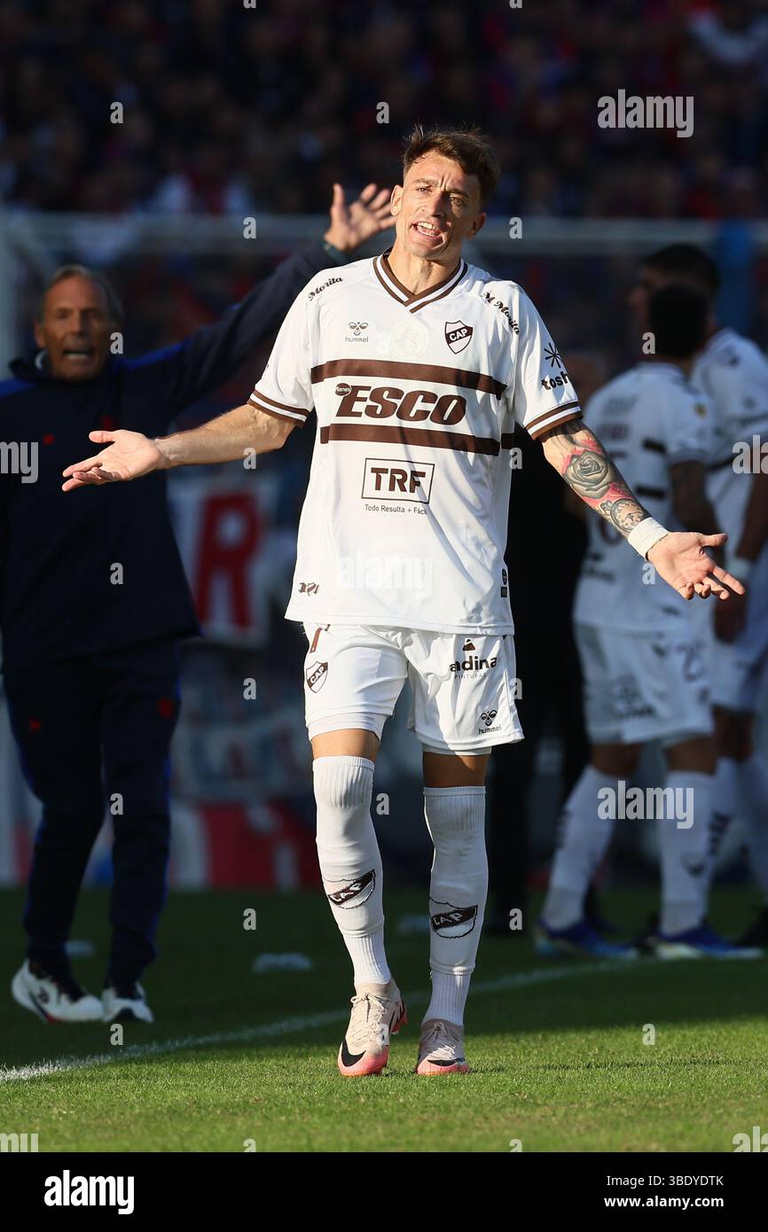 Platense's forward Guido Mainero gestures during the Argentine ...