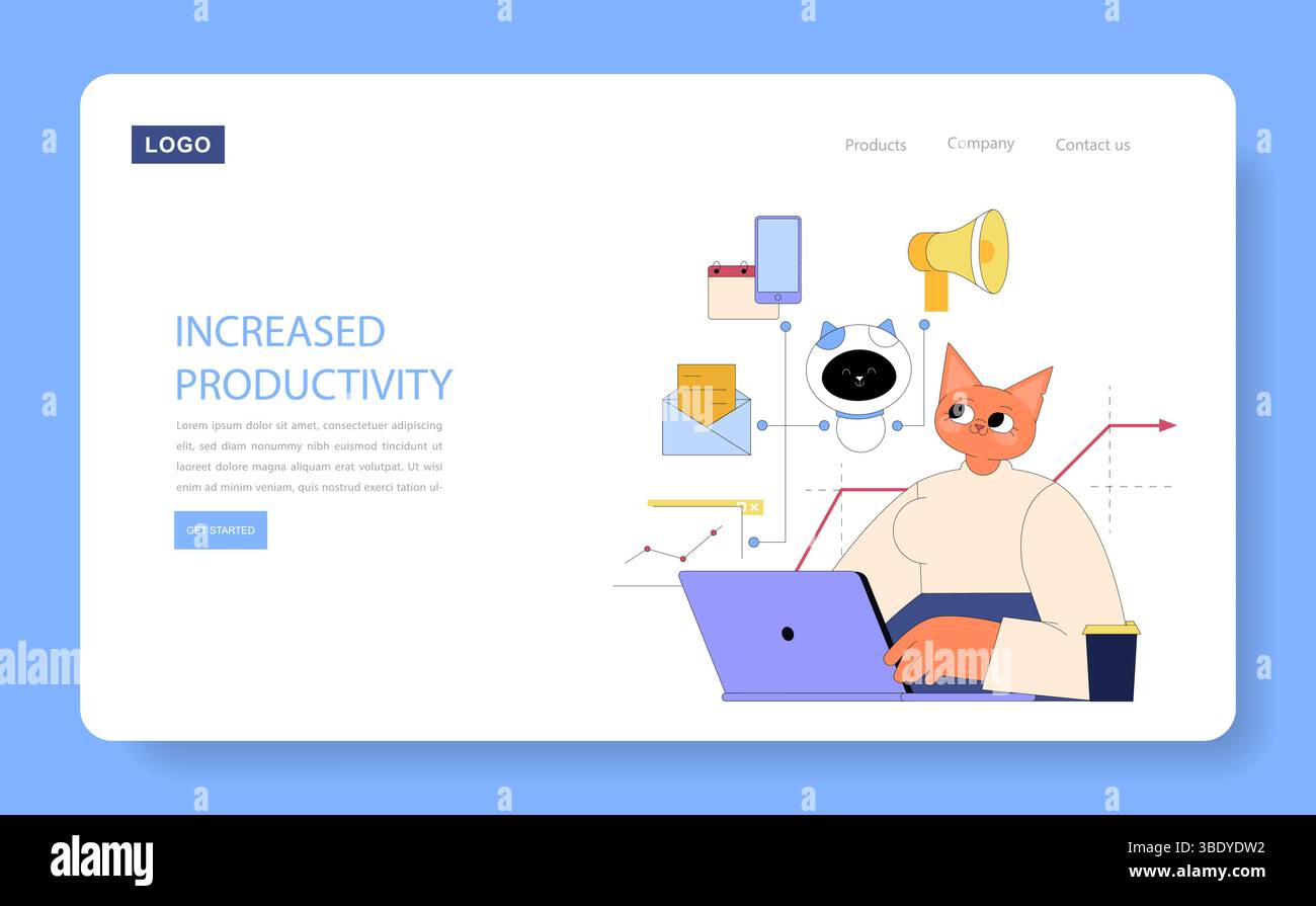 AI Boosts Mid-Sized Business Productivity set. Anthro cat utilizing technology to enhance work ...