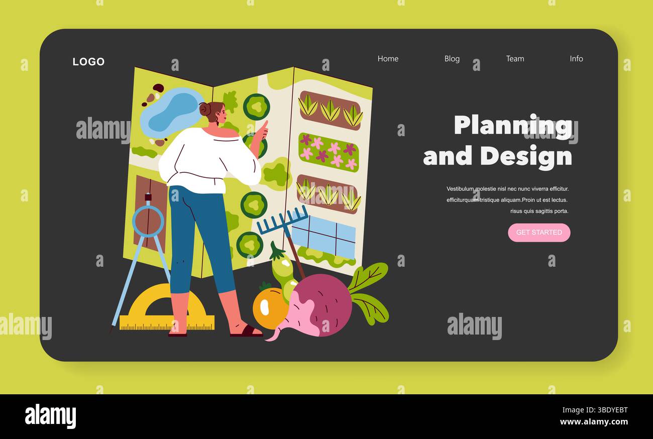 Self-sufficient garden planning illustration. A person designs a garden ...