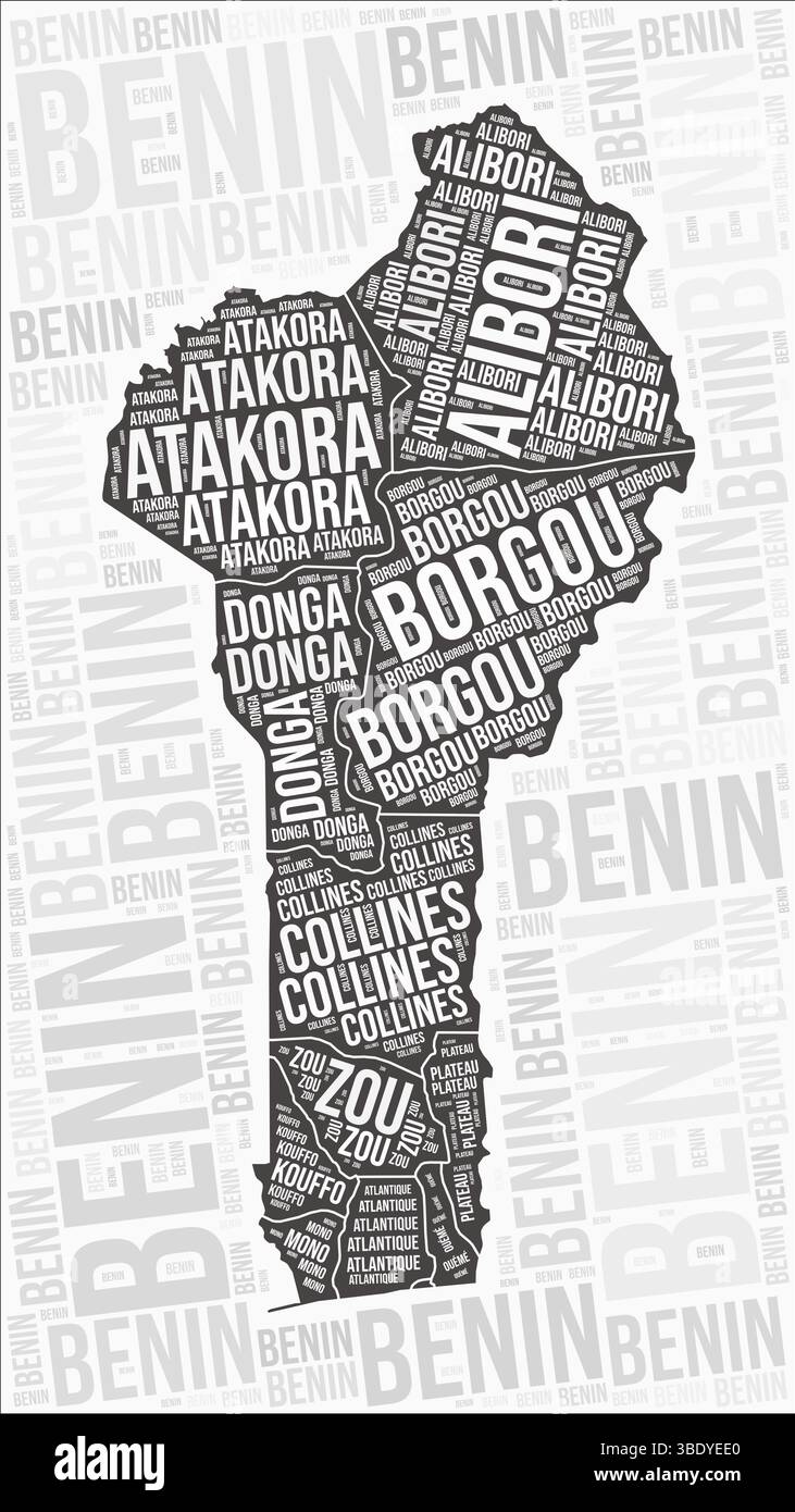 Benin regions map word cloud. Benin region names. Black and white map ...