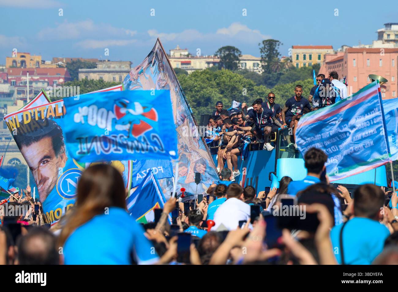 Naples, Italy, 26 May 2025. The Napoli football team parades on a bus ...