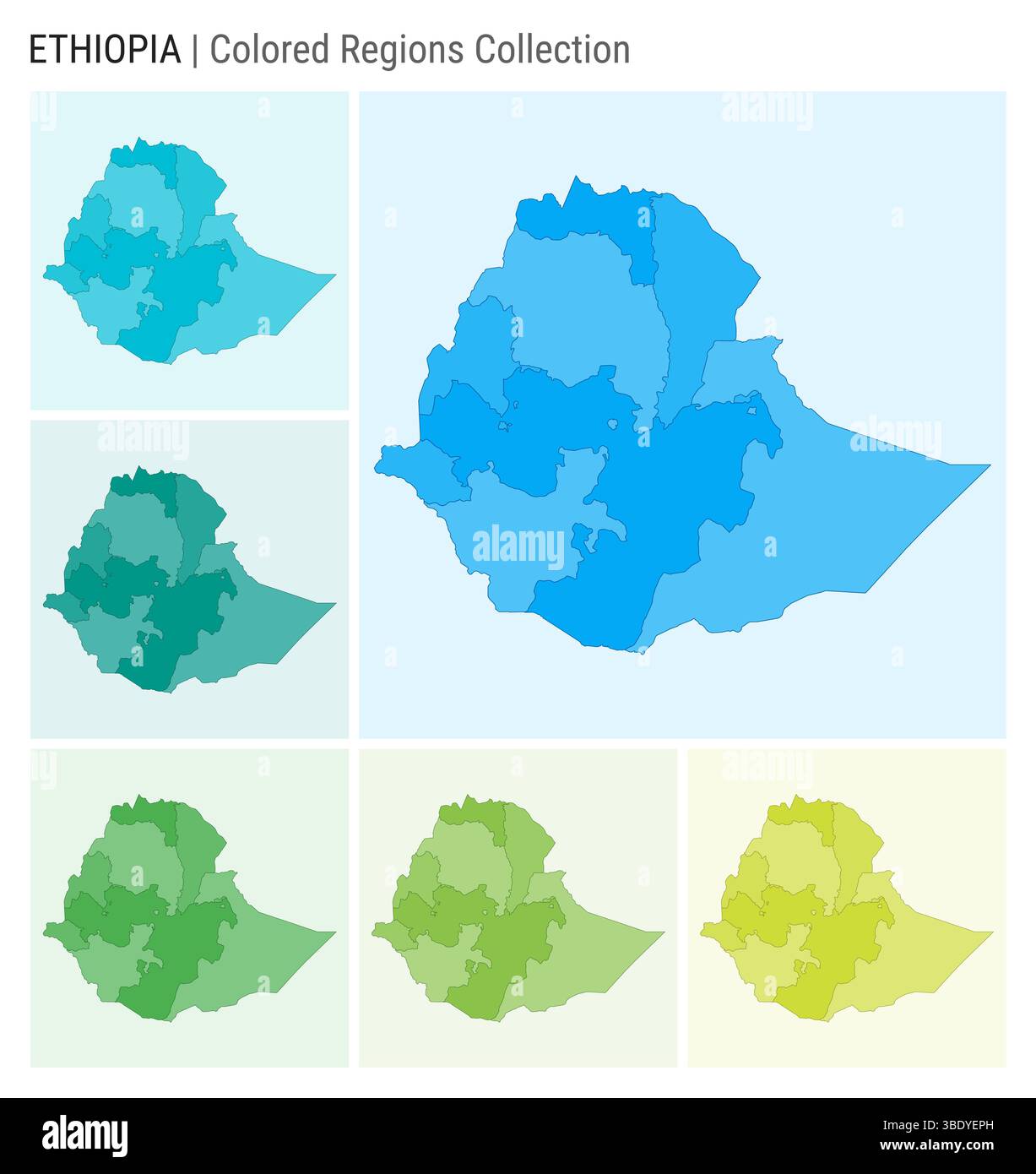Ethiopia map collection. Country shape with colored regions. Light Blue ...