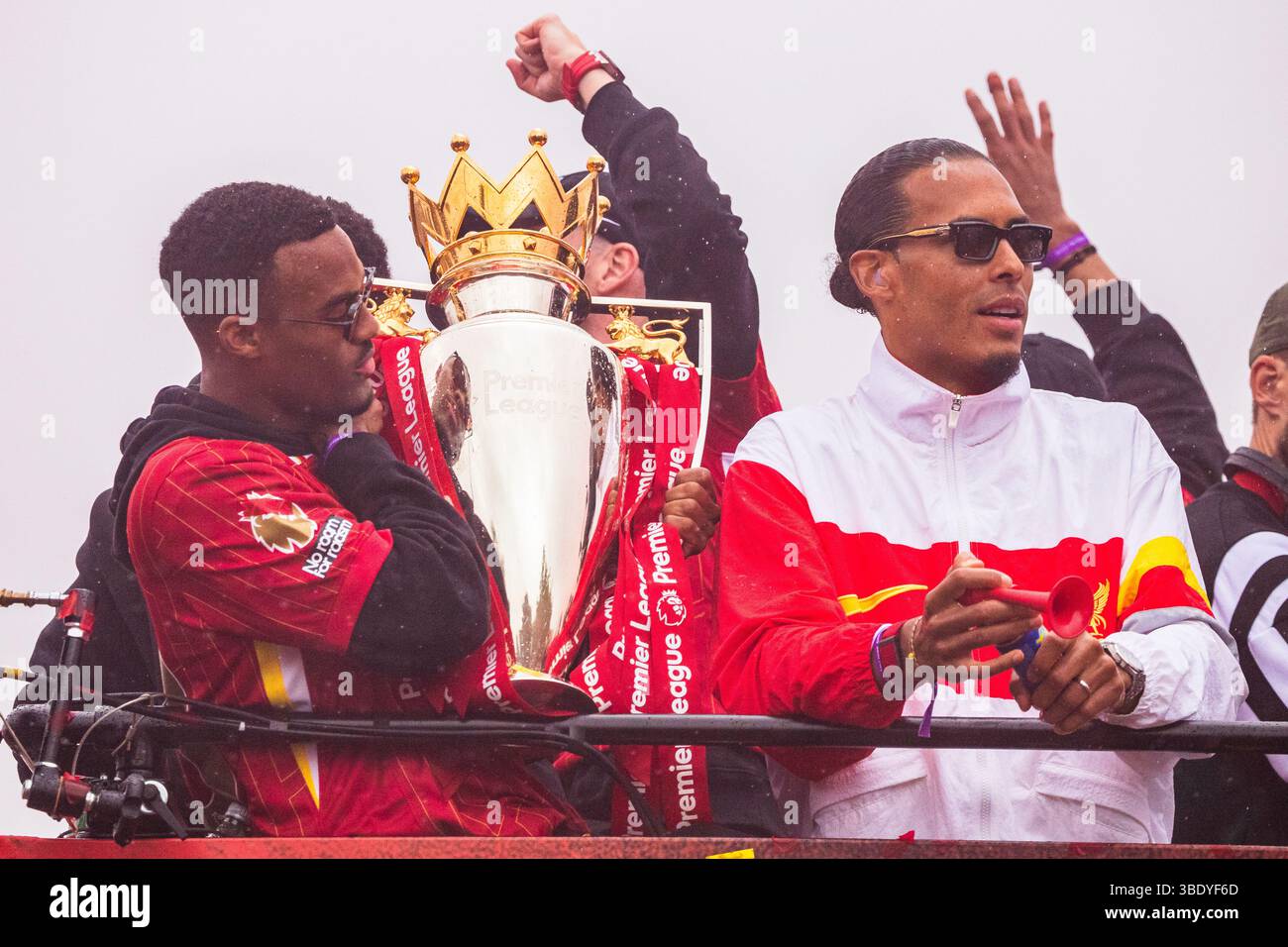 Ryan Gravenberch holding the Premier League trophy during the Liverpool ...