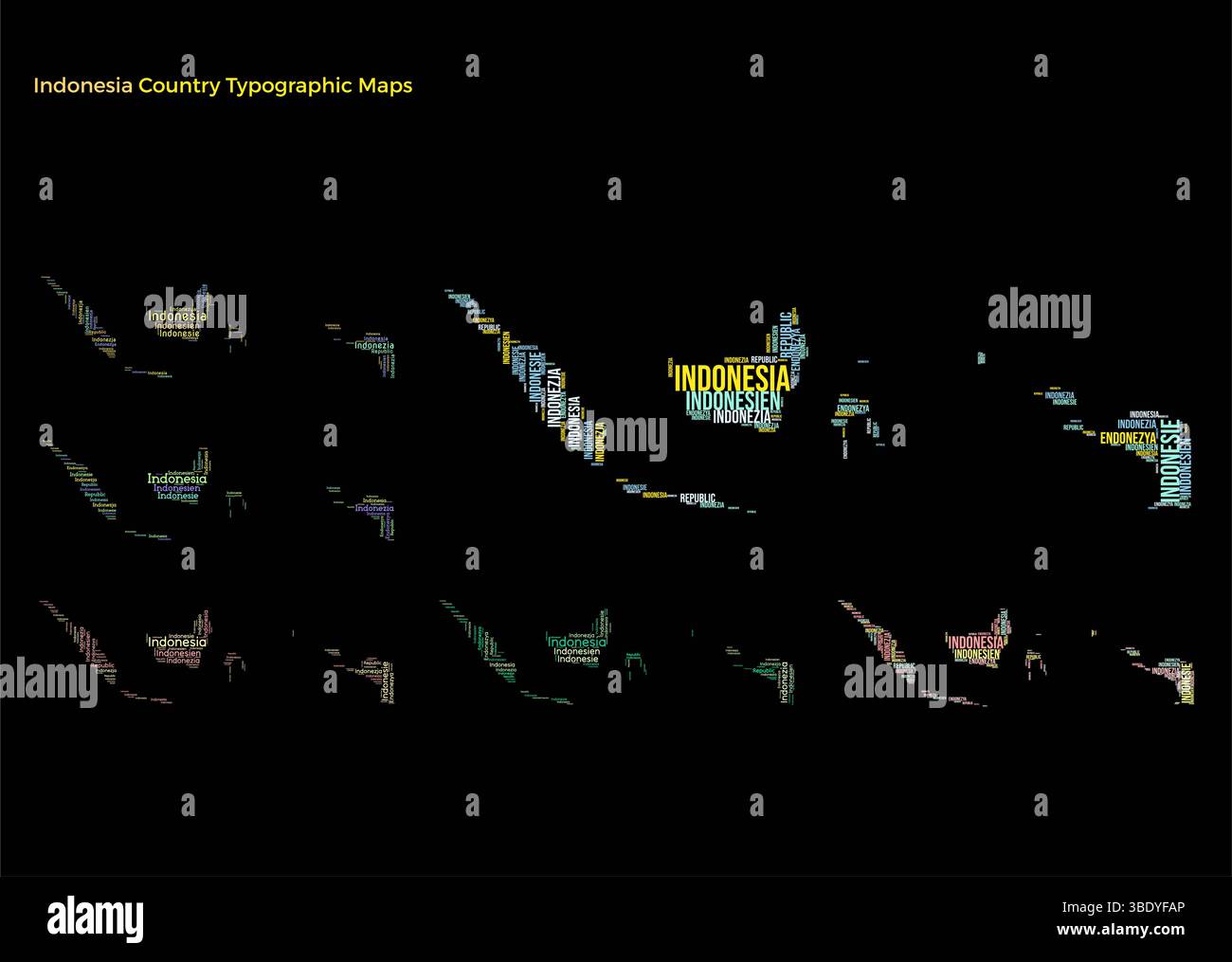 Indonesia. Set of typography style country illustrations. Indonesia map ...