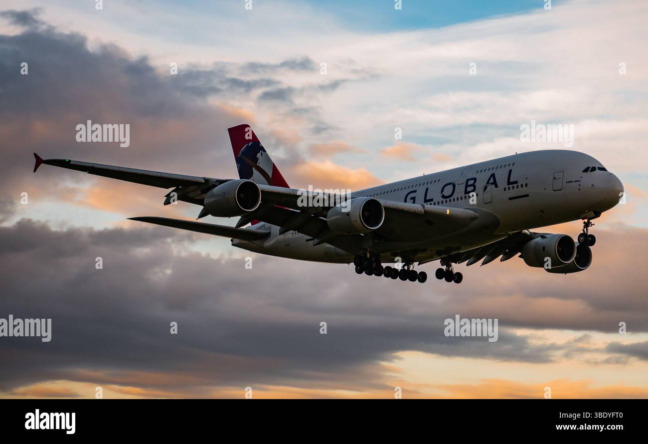 Manchester, UK, Sunday 25th May 2025; the Global Airlines Airbus A380 ...