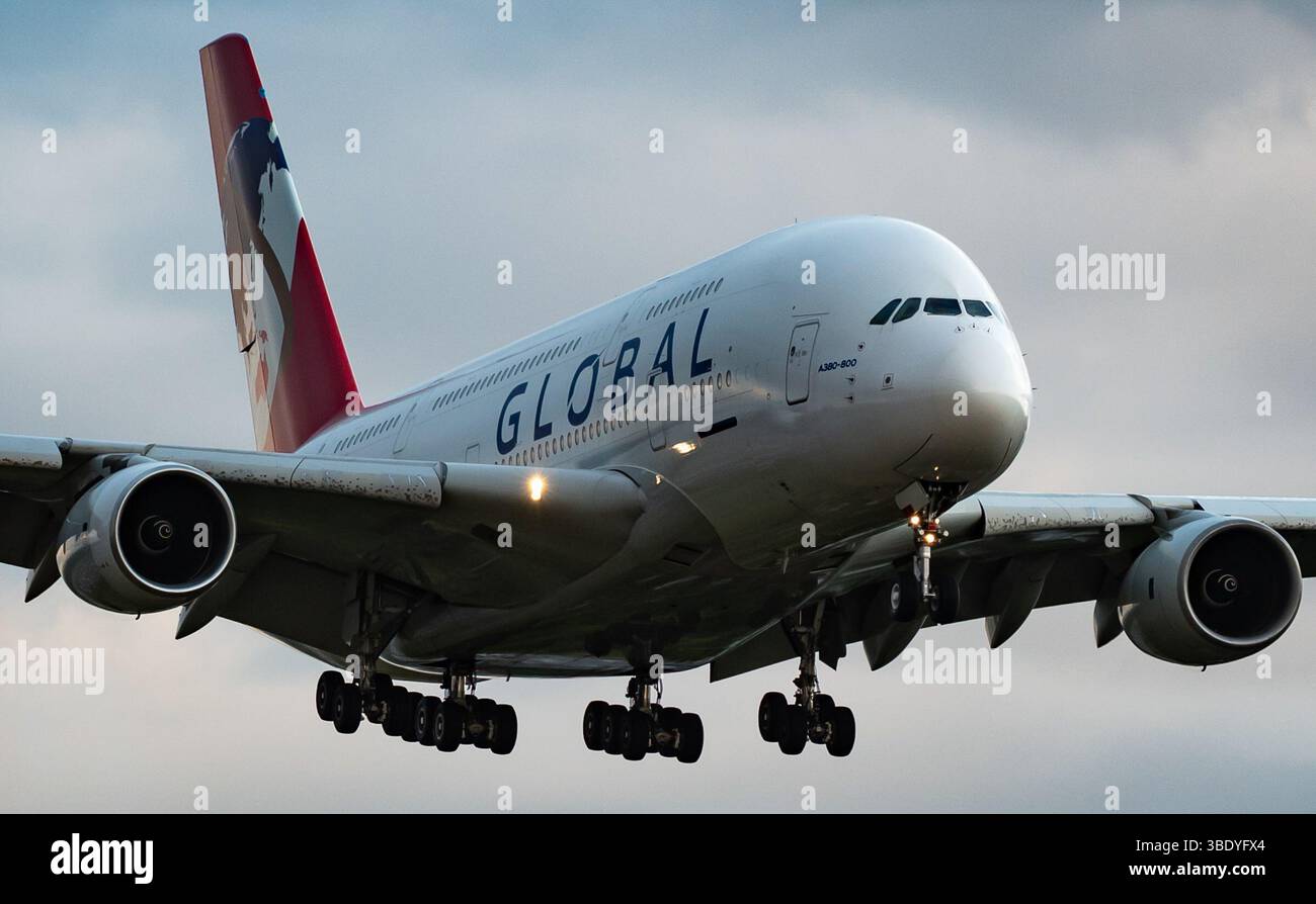 Manchester, UK, Sunday 25th May 2025; the Global Airlines Airbus A380 ...