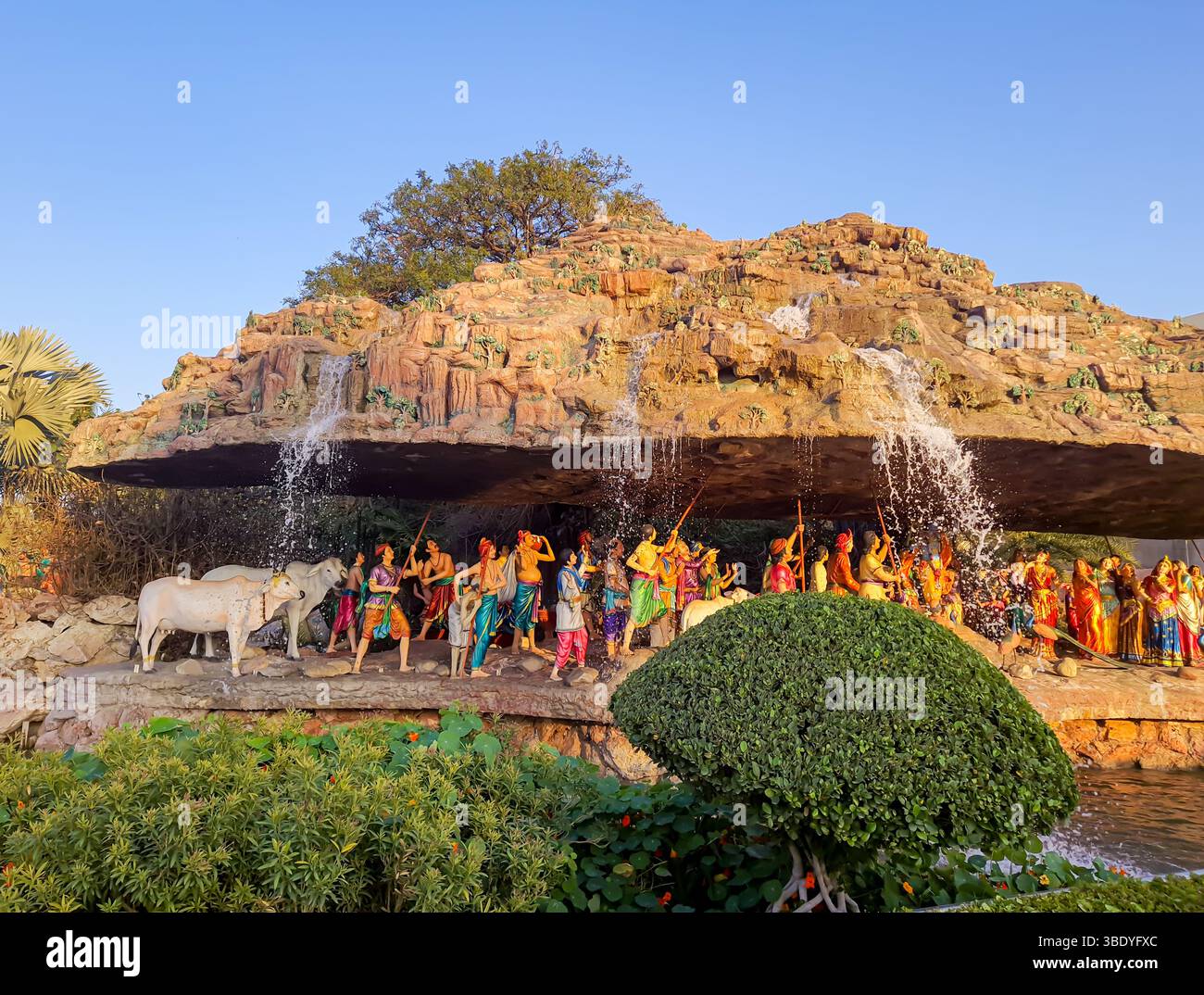 hindu spiritual scene govardhan hill krishna at temple from flat angle ...