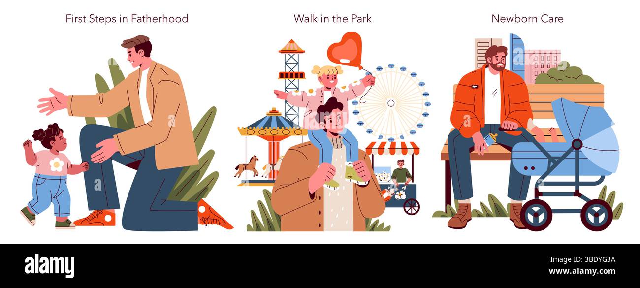 Fathers Day set. Joyful moments of fatherhood illustrated in three ...