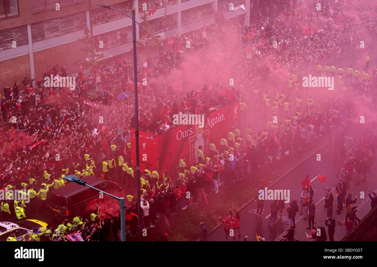 The open-top buses arriving close to Liverpool Waterfront during the ...