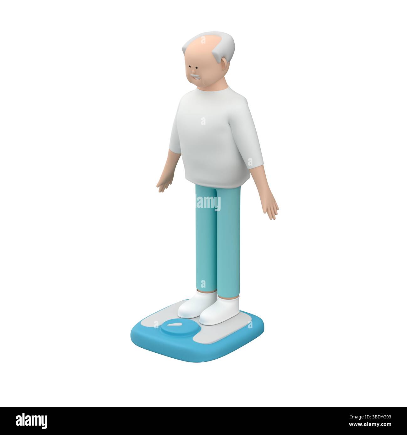 Elderly male character standing on scales and looking at his weight, 3d ...