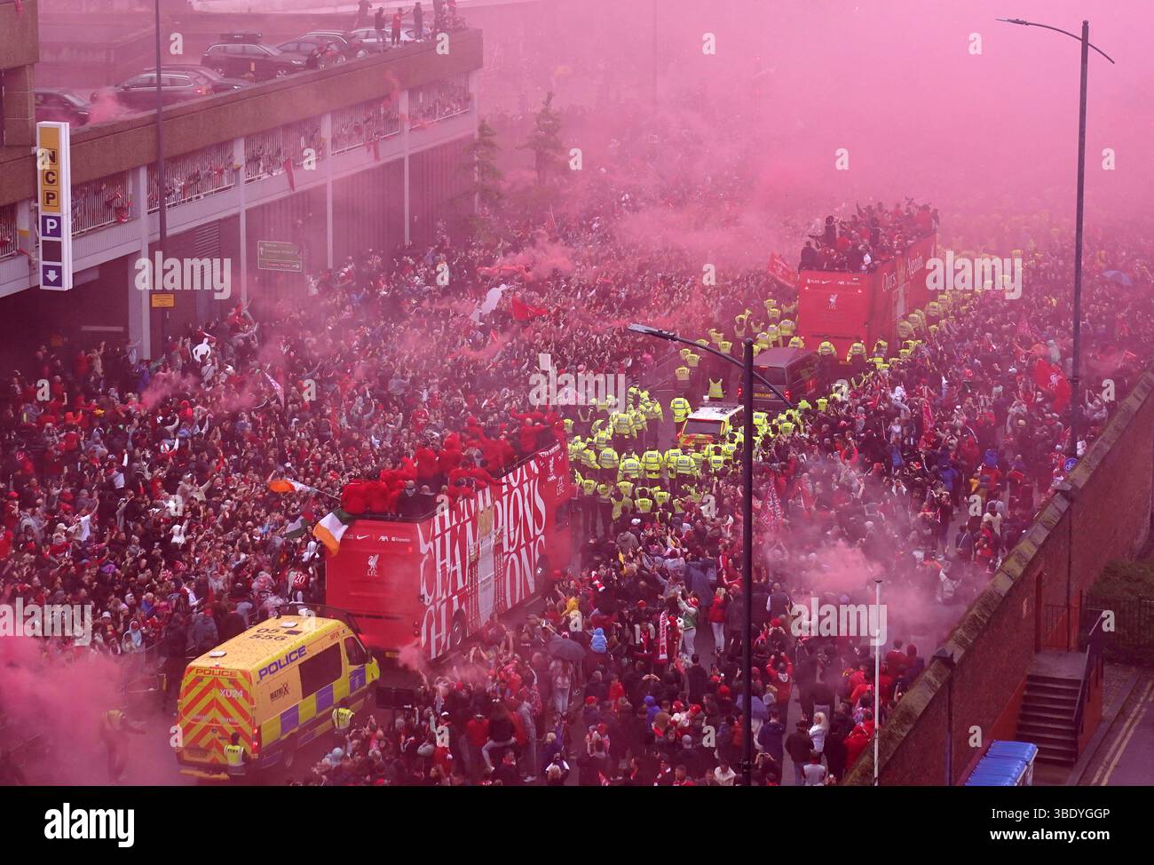 The open-top buses arriving close to Liverpool Waterfront during the ...