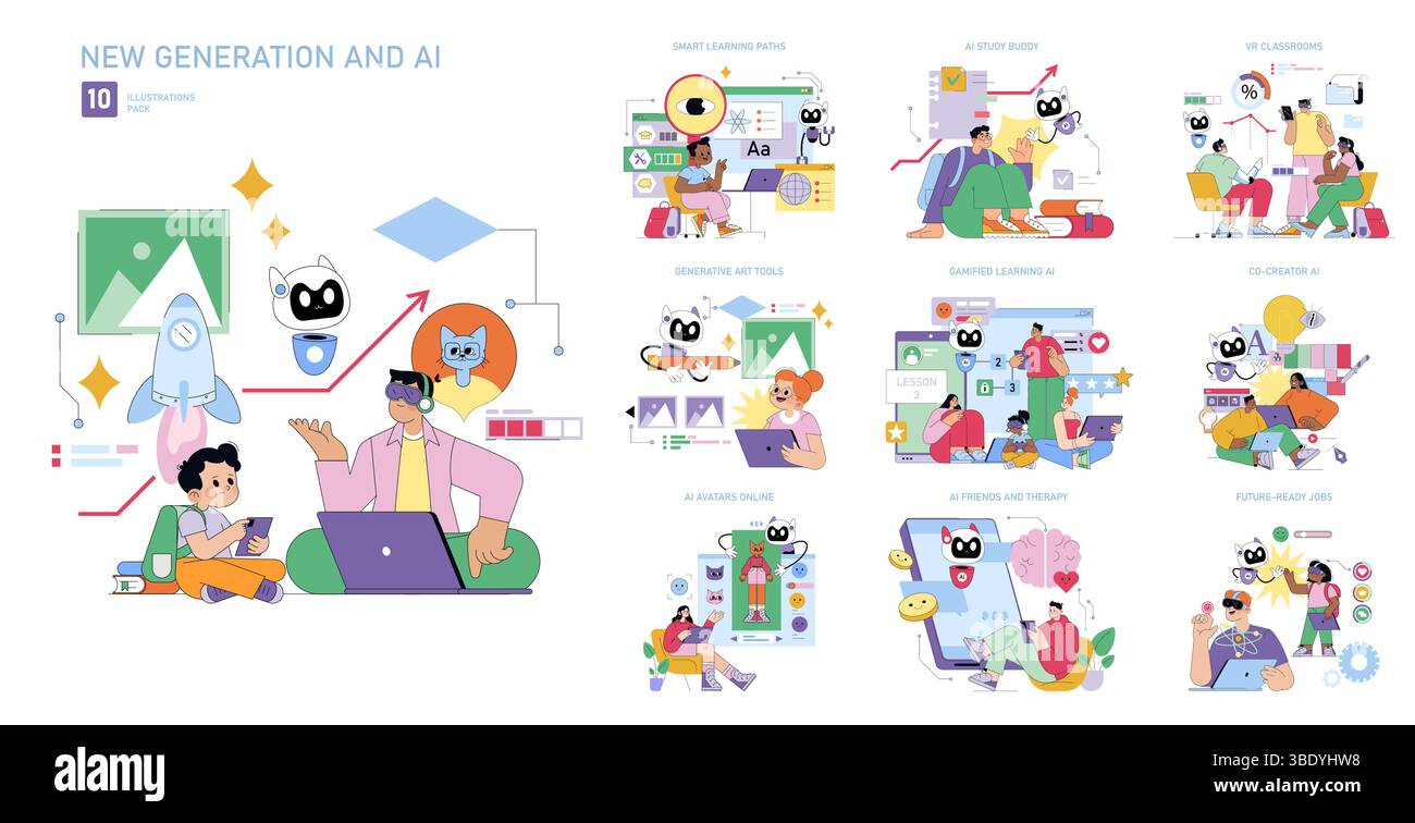 Colorful vector illustration showcasing various AI applications for ...
