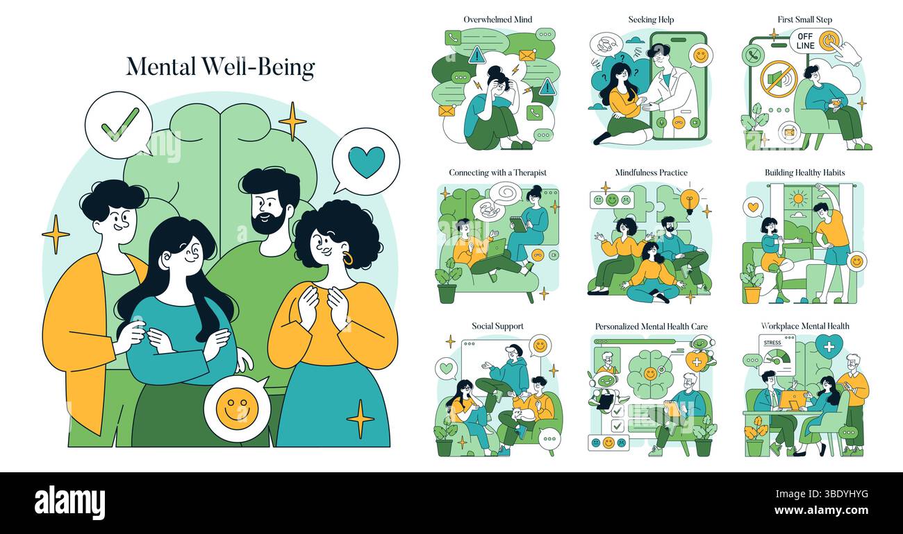 Vector illustration depicting mental well-being with supportive ...