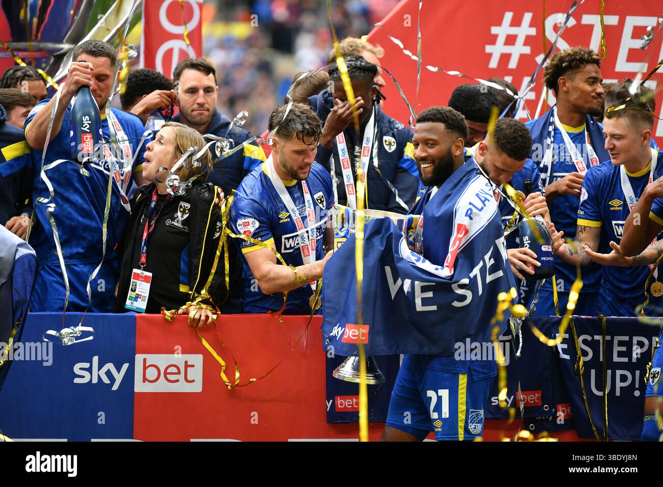 London, England. 26th May 2025. AFC Wimbledon celebrate after winning ...