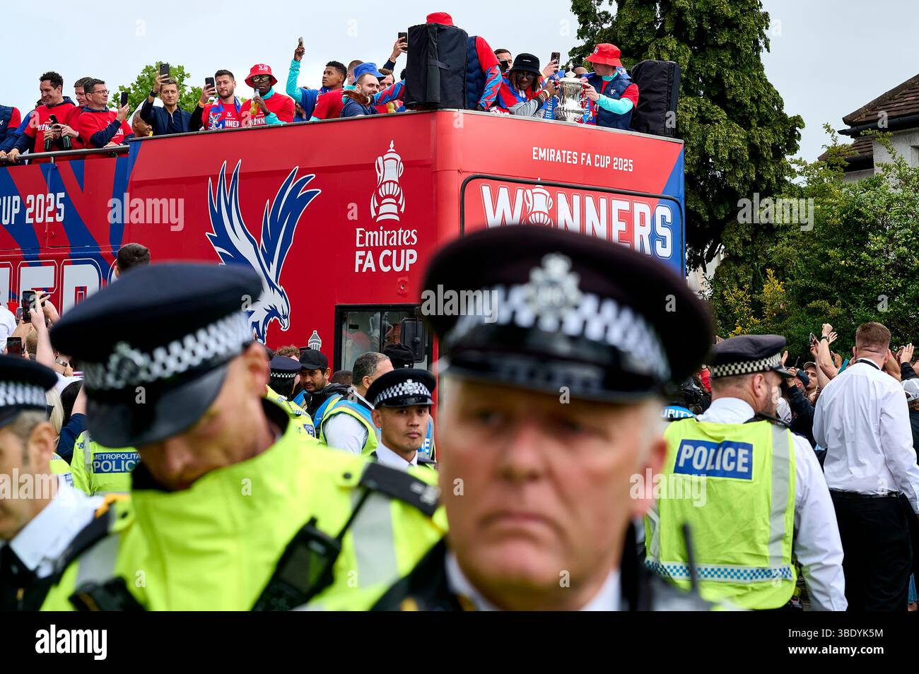 London, UK, 26th May 2025, Crystal Palace players celebrate on an open ...