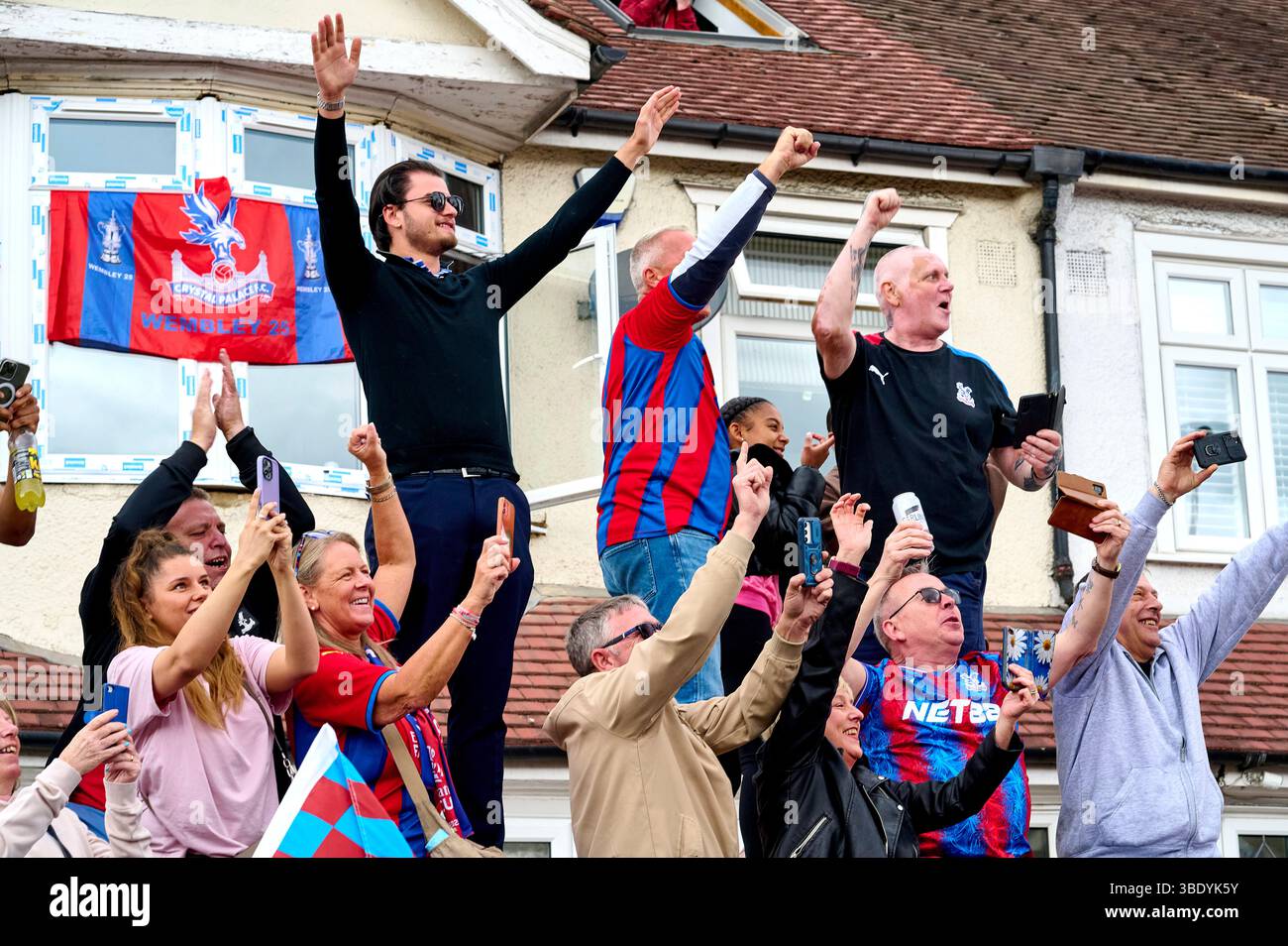 London, UK, 26th May 2025, Crystal Palace fans celebrate near Selhurst ...