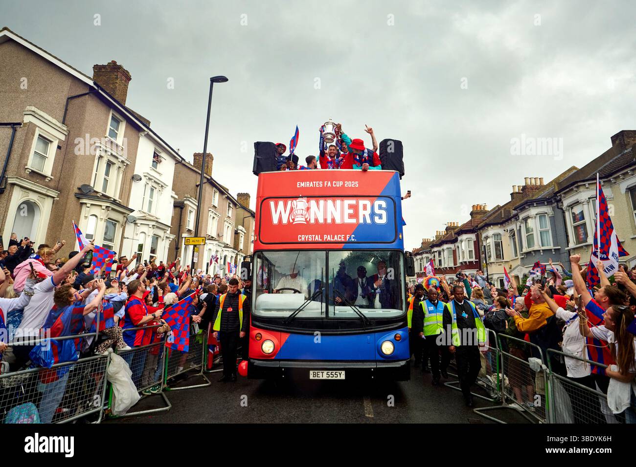 London, UK, 26th May 2025, Crystal Palace players celebrate on an open ...