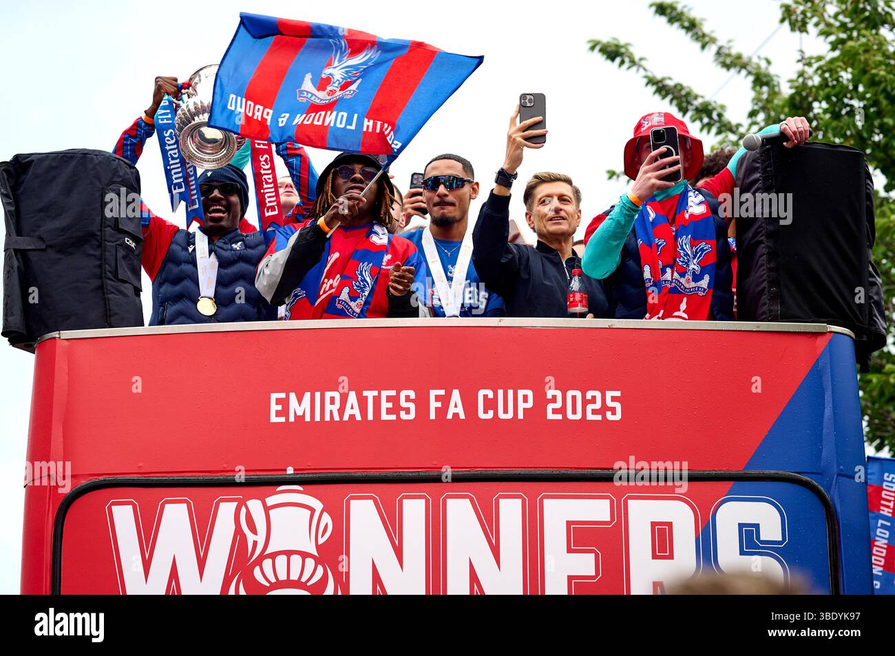 London, UK, 26th May 2025, Crystal Palace players celebrate on an open ...