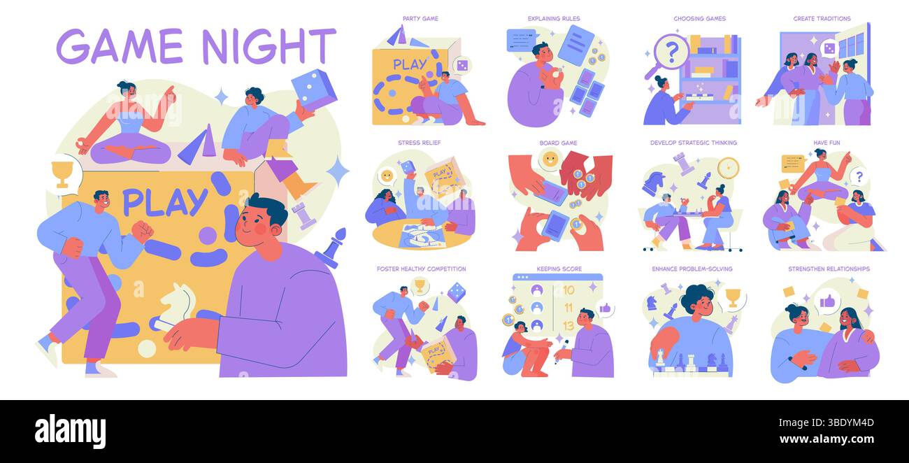 Vector illustration depicting a lively game night with friends engaging ...