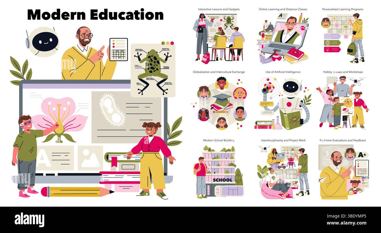 Vector illustration depicting modern education with diverse elements ...