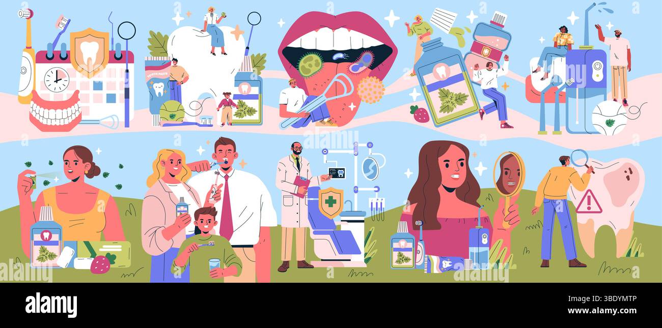 Vector illustration showcasing various aspects of dental hygiene ...