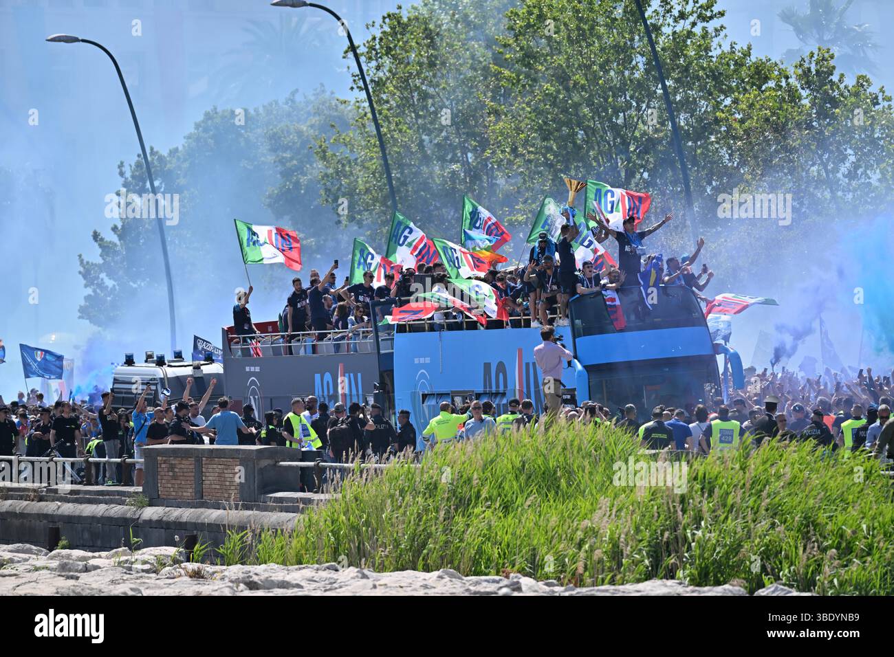 Parade on Lungomare Carcciolo of the open-top buses of Napoli Football ...