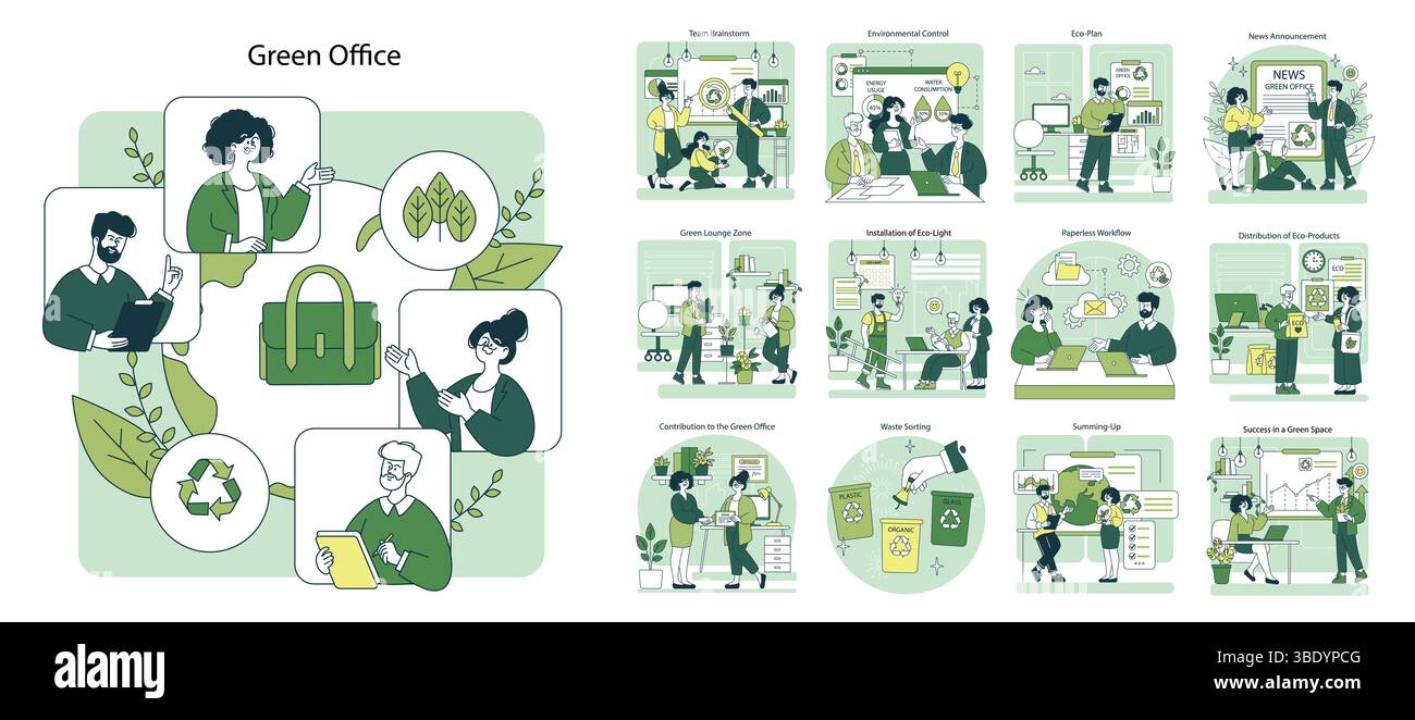 Vector illustration showcasing team members engaged in eco-friendly ...