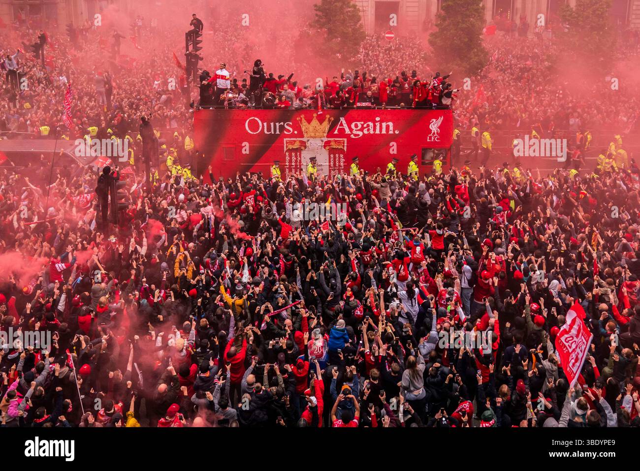 The bus makes its way through the streets during the Premier League ...