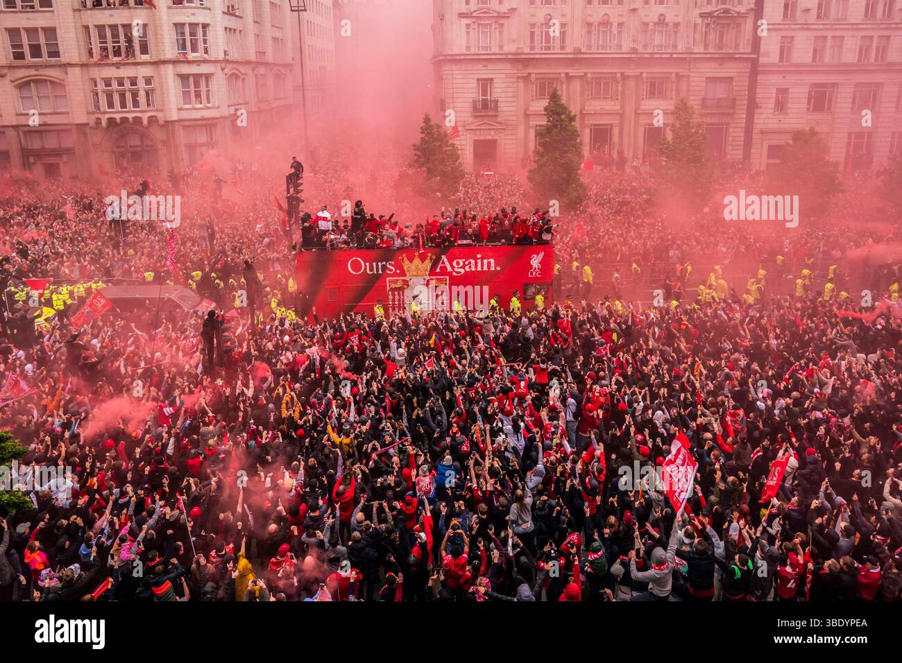 The bus makes its way through the streets during the Premier League ...