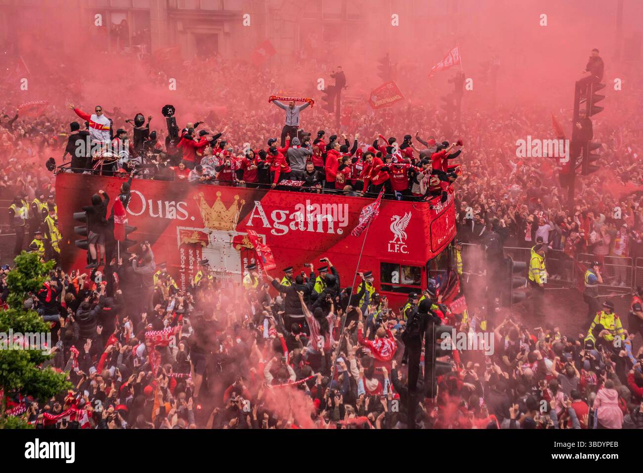 The bus makes its way through the streets during the Premier League ...