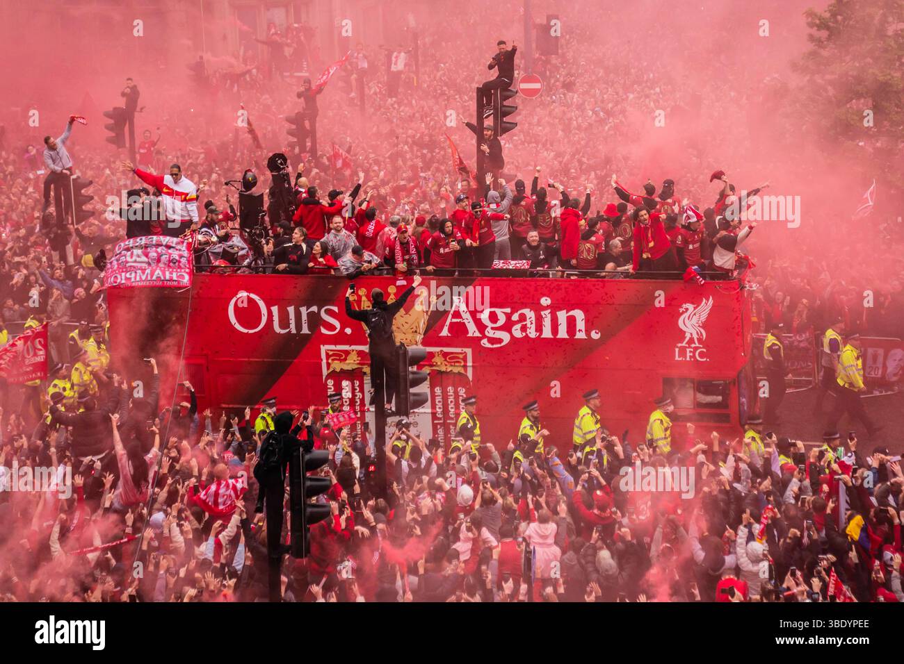 The bus makes its way through the streets during the Premier League ...