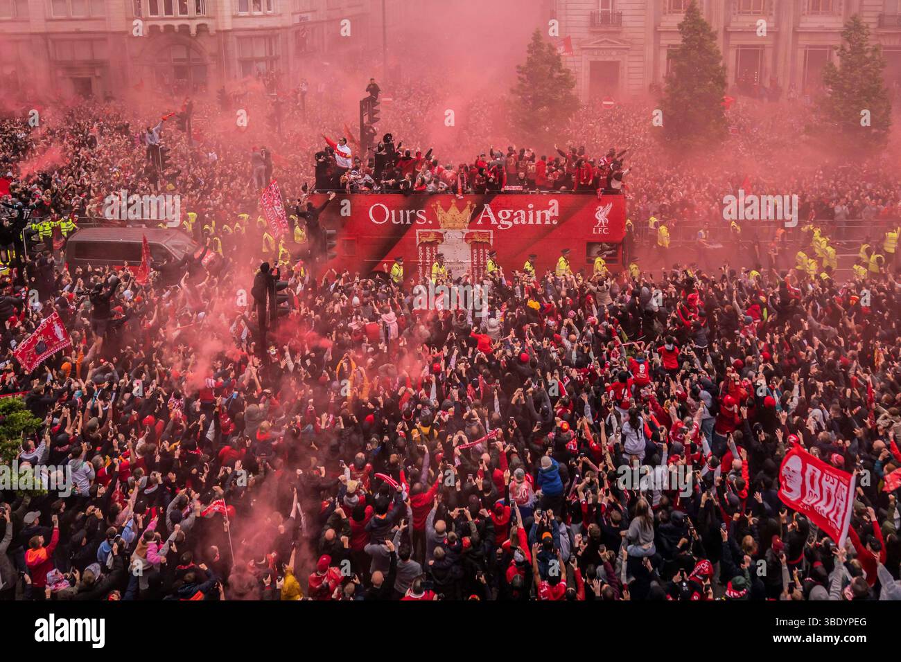 The bus makes its way through the streets during the Premier League ...