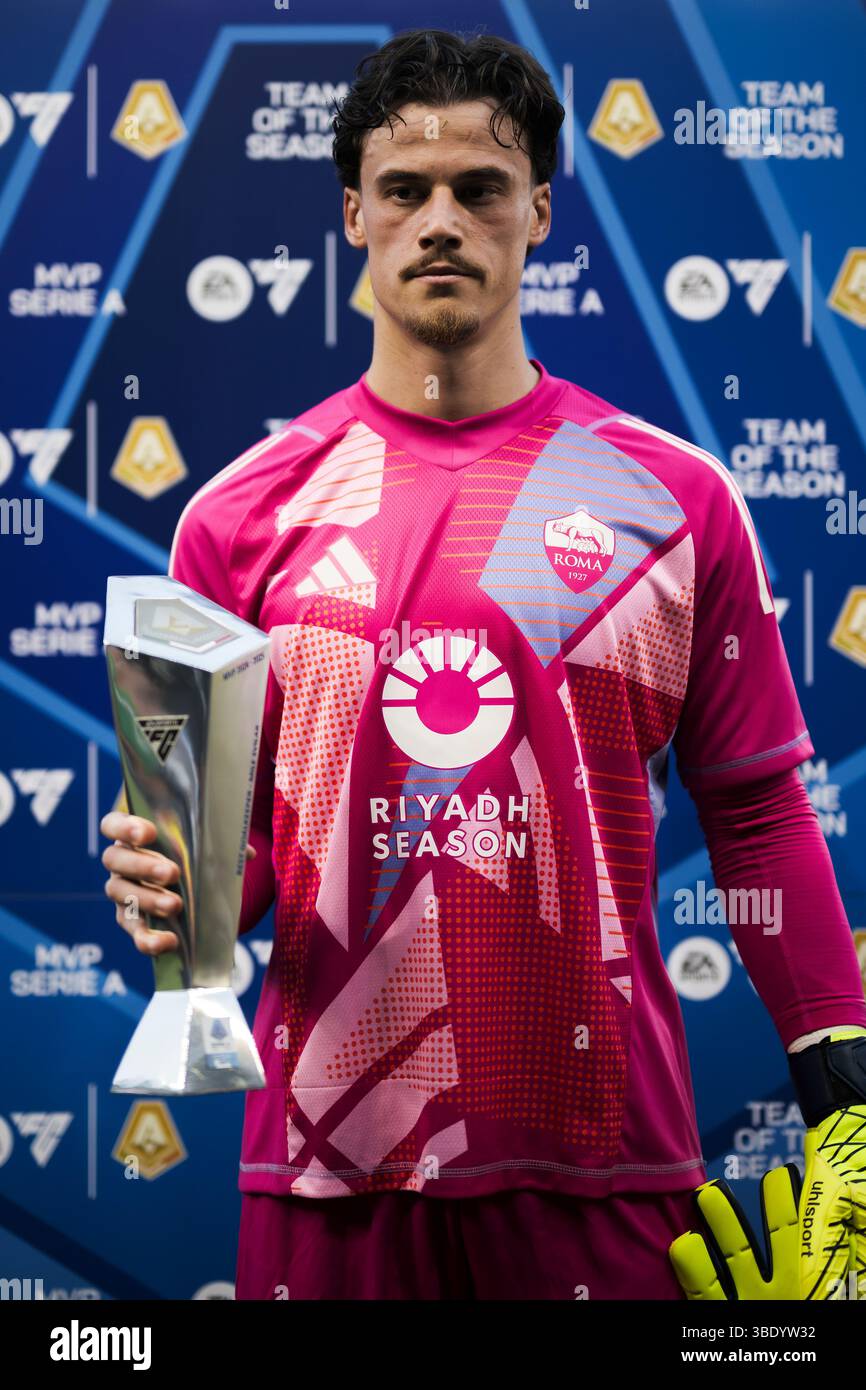 Mile Svilar of AS Roma poses for a photo with the Serie A MVP (Most Valuable Player) Best ...