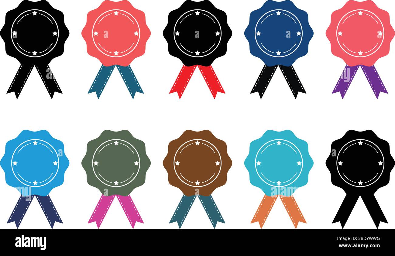Colorful achievement award medal badges with ribbons vector set for ...