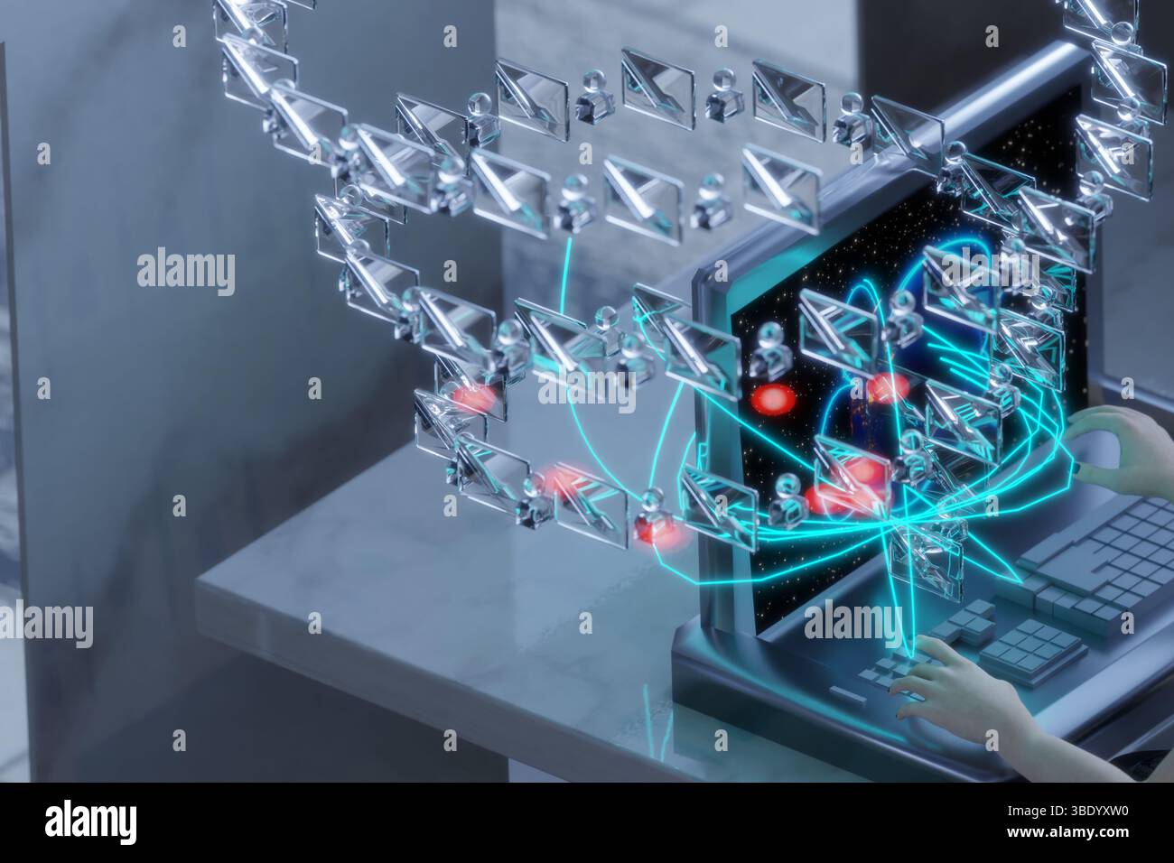 Render 3D Advanced Email System in Cyberspace Female hands controlling ...