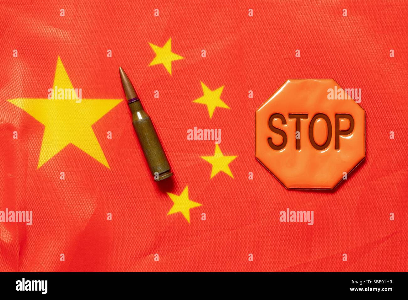China flag, bullet and STOP sign, symbol of prohibition of war ...