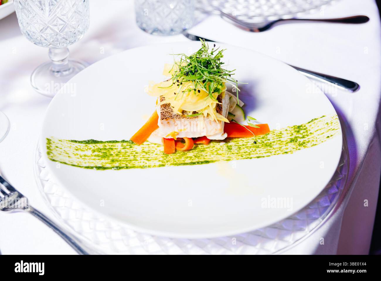 Elegant dish featuring white fish fillet, julienned vegetables ...