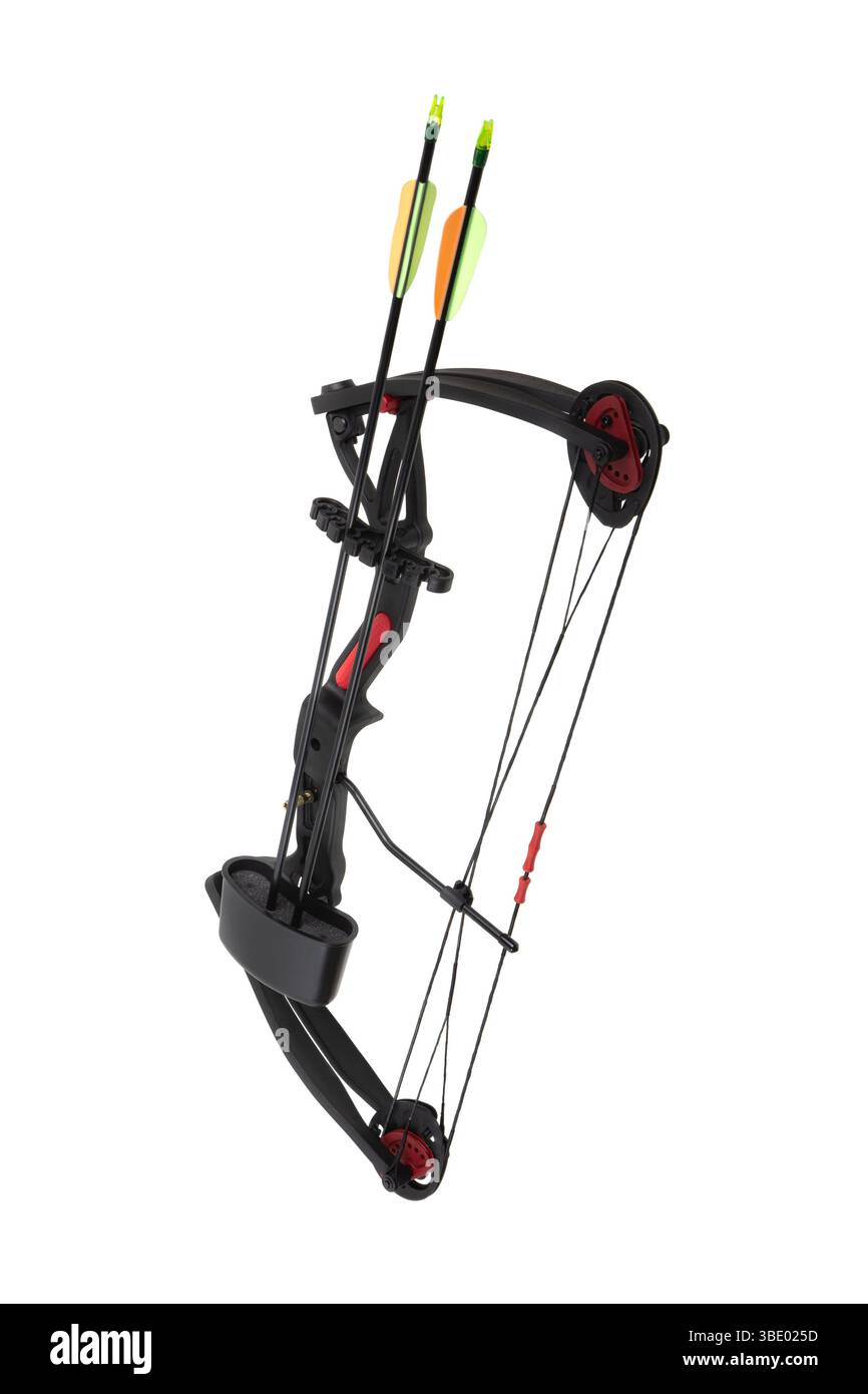 Black compound bow with two arrows attached, isolated on white ...