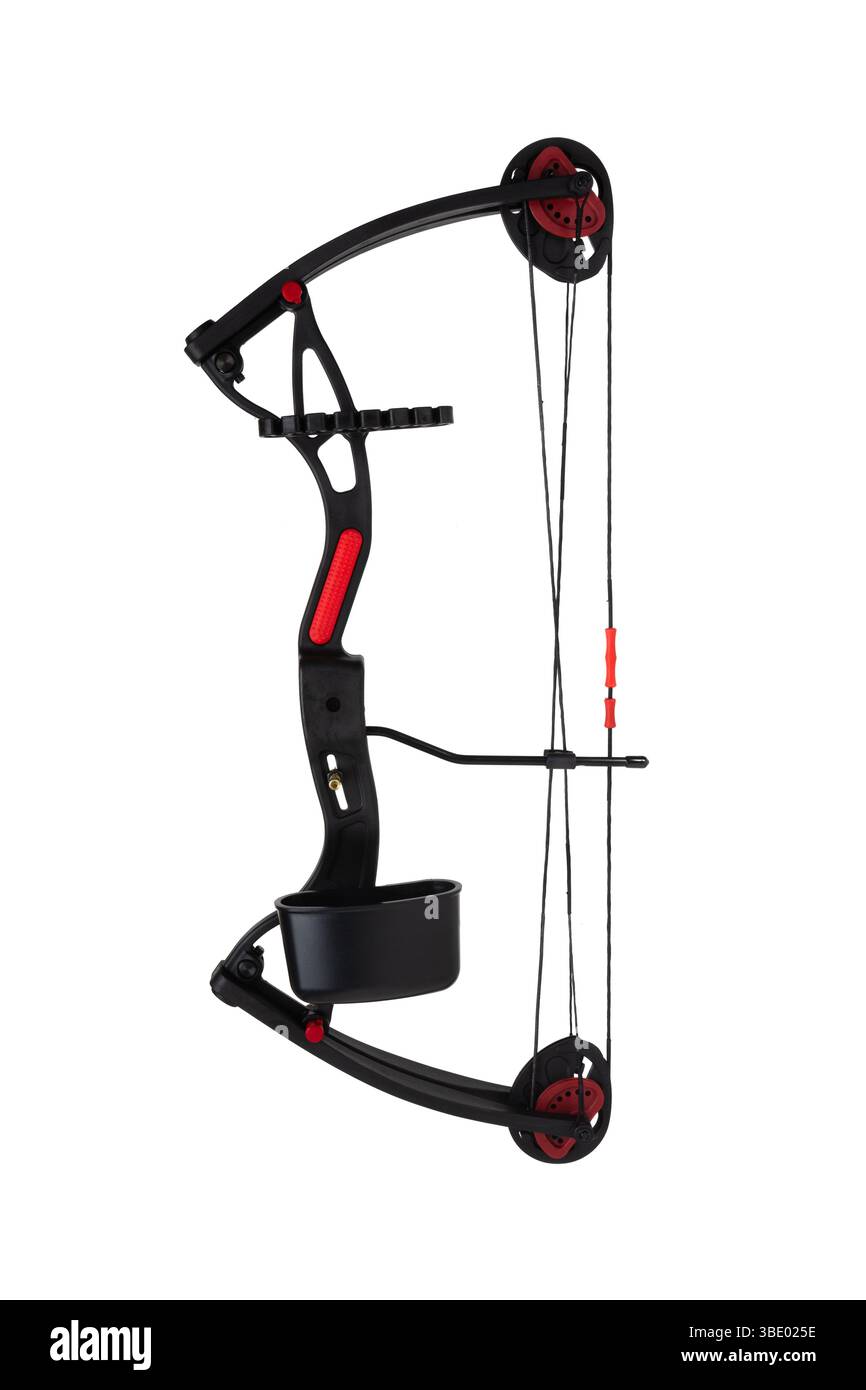 Black compound bow with red accents, upright position, isolated on ...