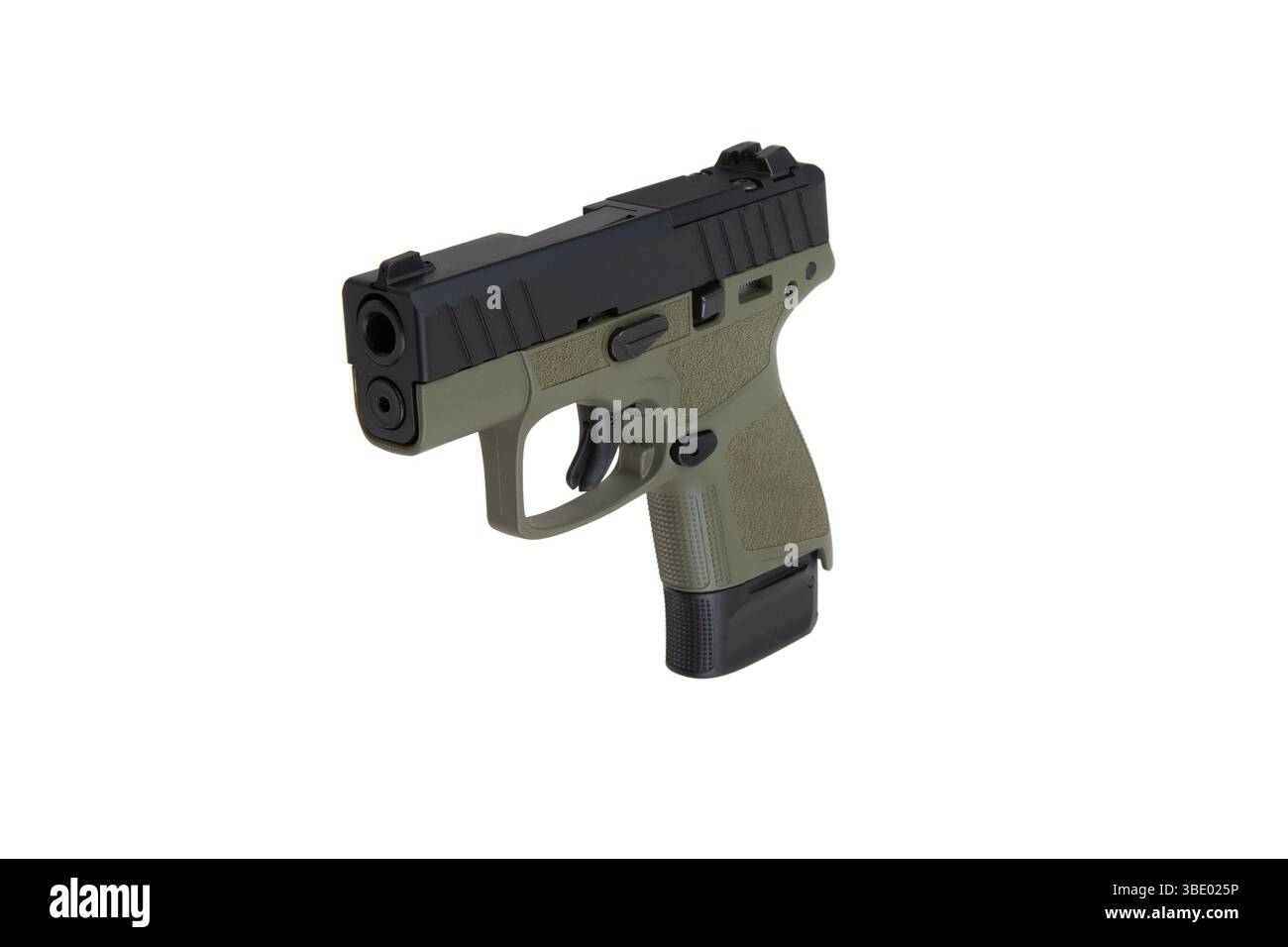 Compact green and black handgun isolated on white background, angled ...