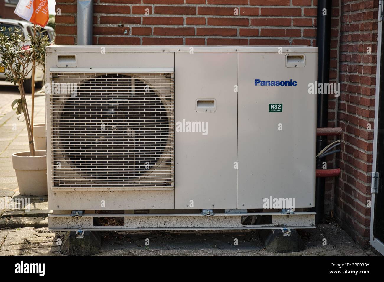 May 22, 2025 - Oosterland-Netherlands: Panasonic heat pump unit with ...