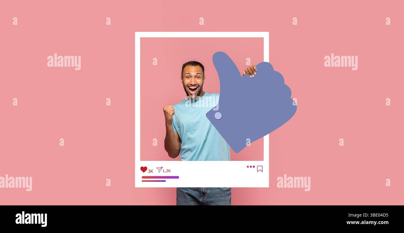 Excited influencer celebrating social media engagement with a thumbs up ...