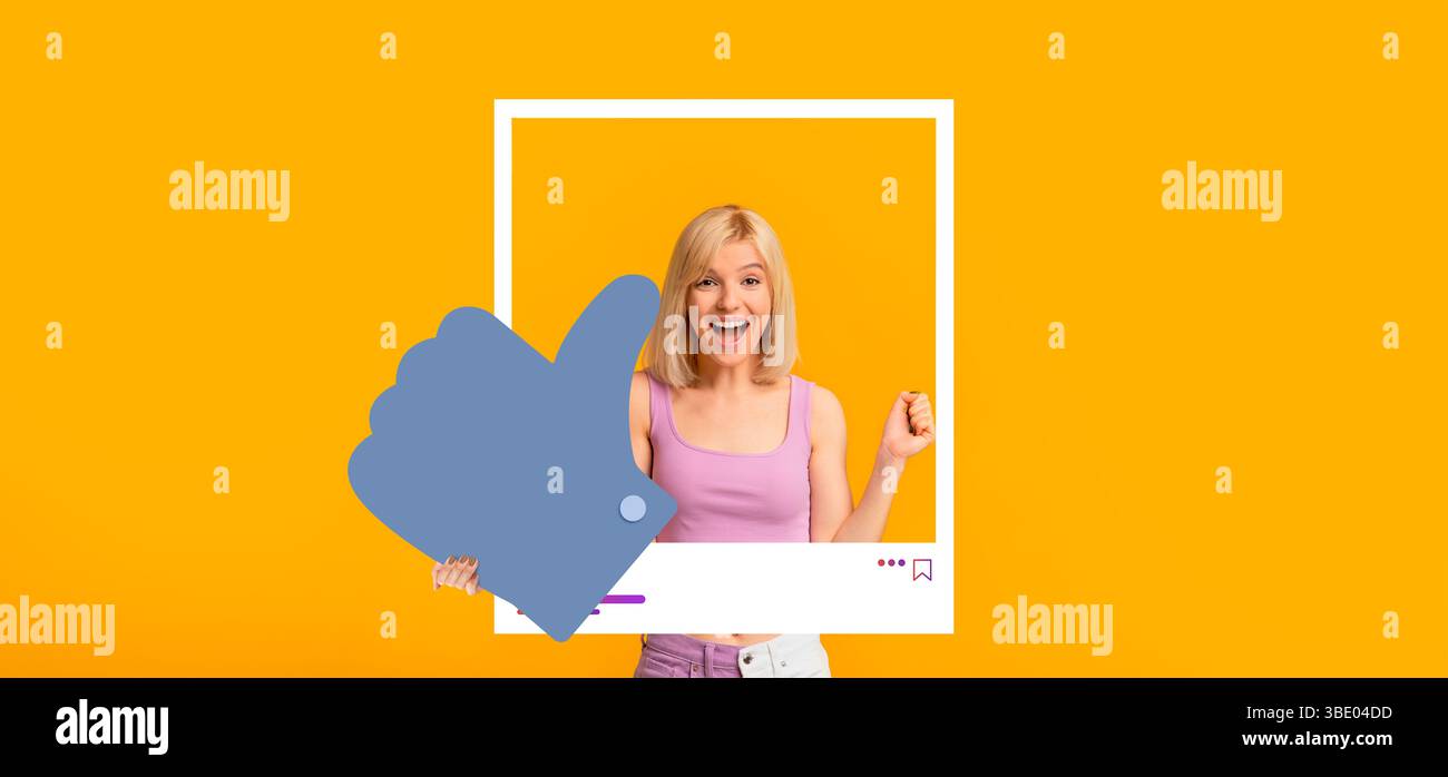 Happy influencer celebrating with thumbs up in vibrant social media ...