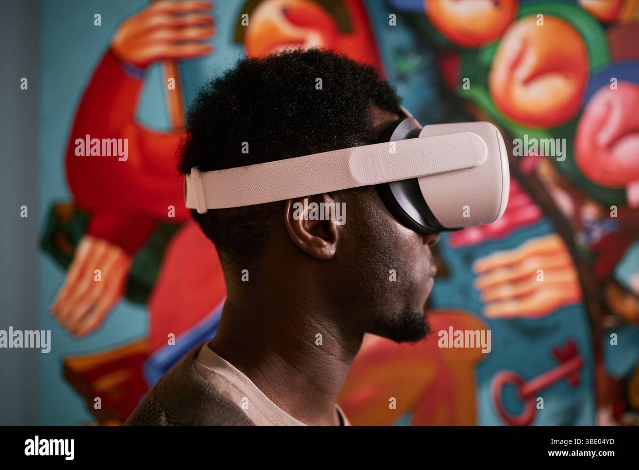 Experiencing Virtual Reality Headset In Art Gallery Setting Stock Photo ...